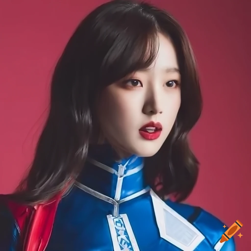 Close-up of Wonyoung cosplaying as Silk from Marvel on Craiyon