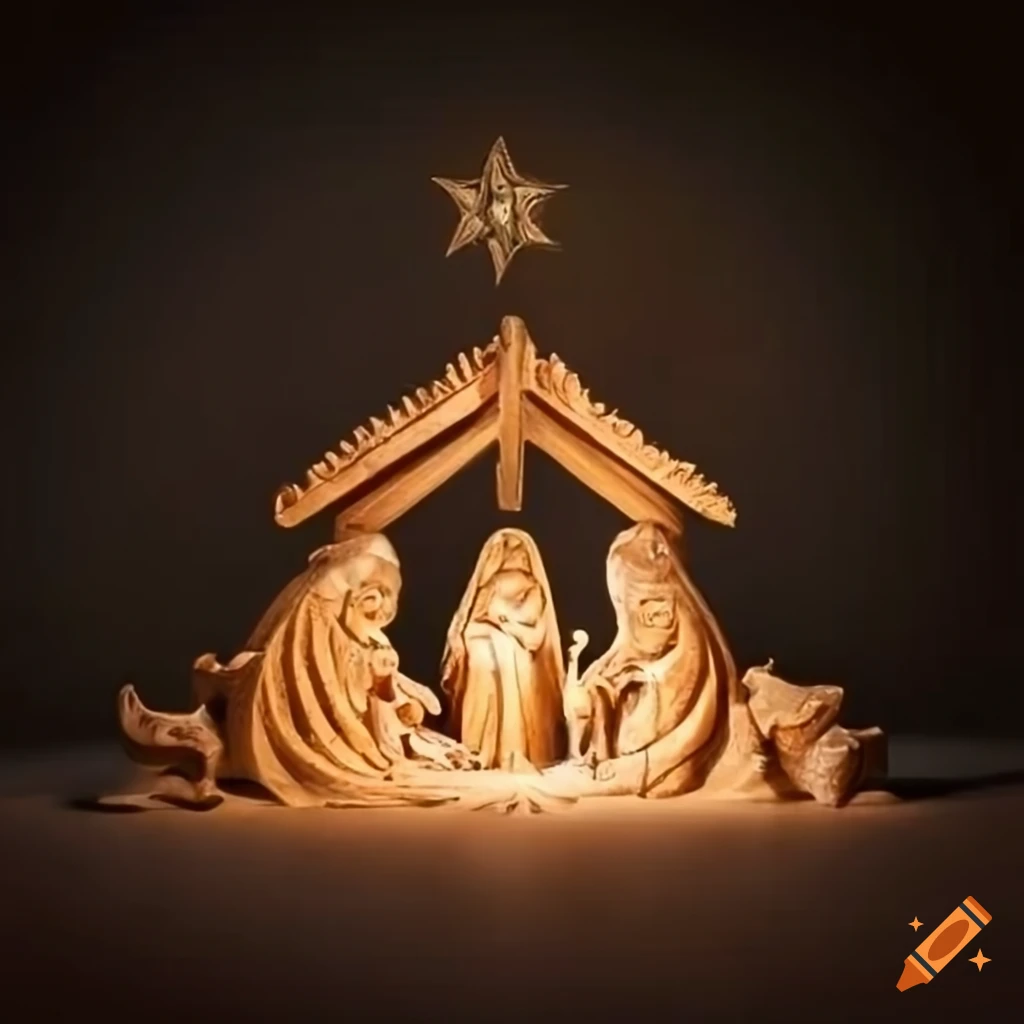 Intricate wood carving of a manger scene on Craiyon