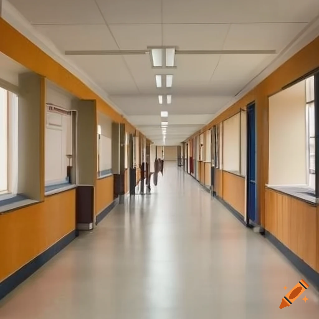 School corridor with classrooms and a hall on Craiyon