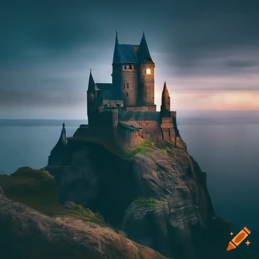 Castle on mountain top at sunset on Craiyon