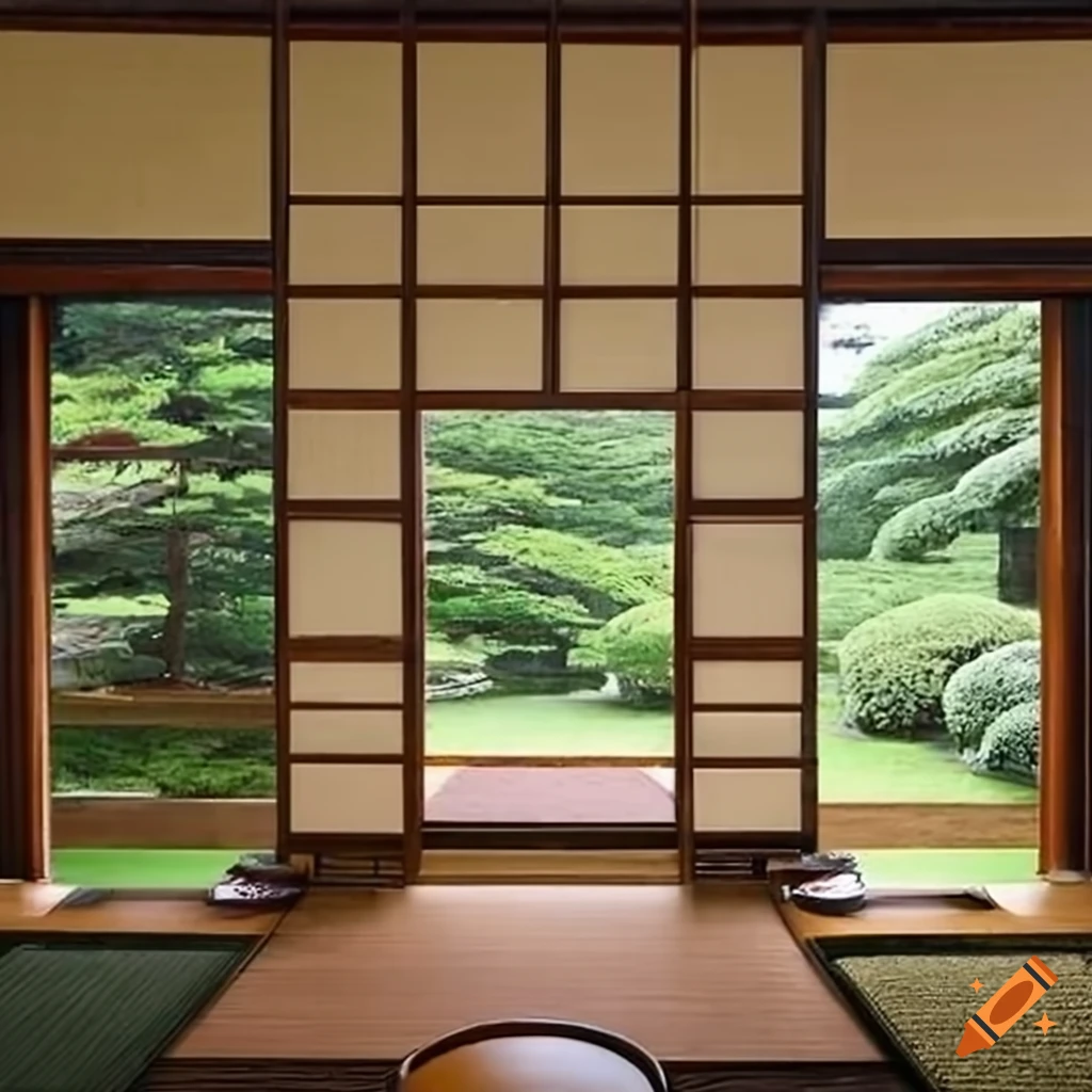 Japanese washitsu-style room with circular door and garden view