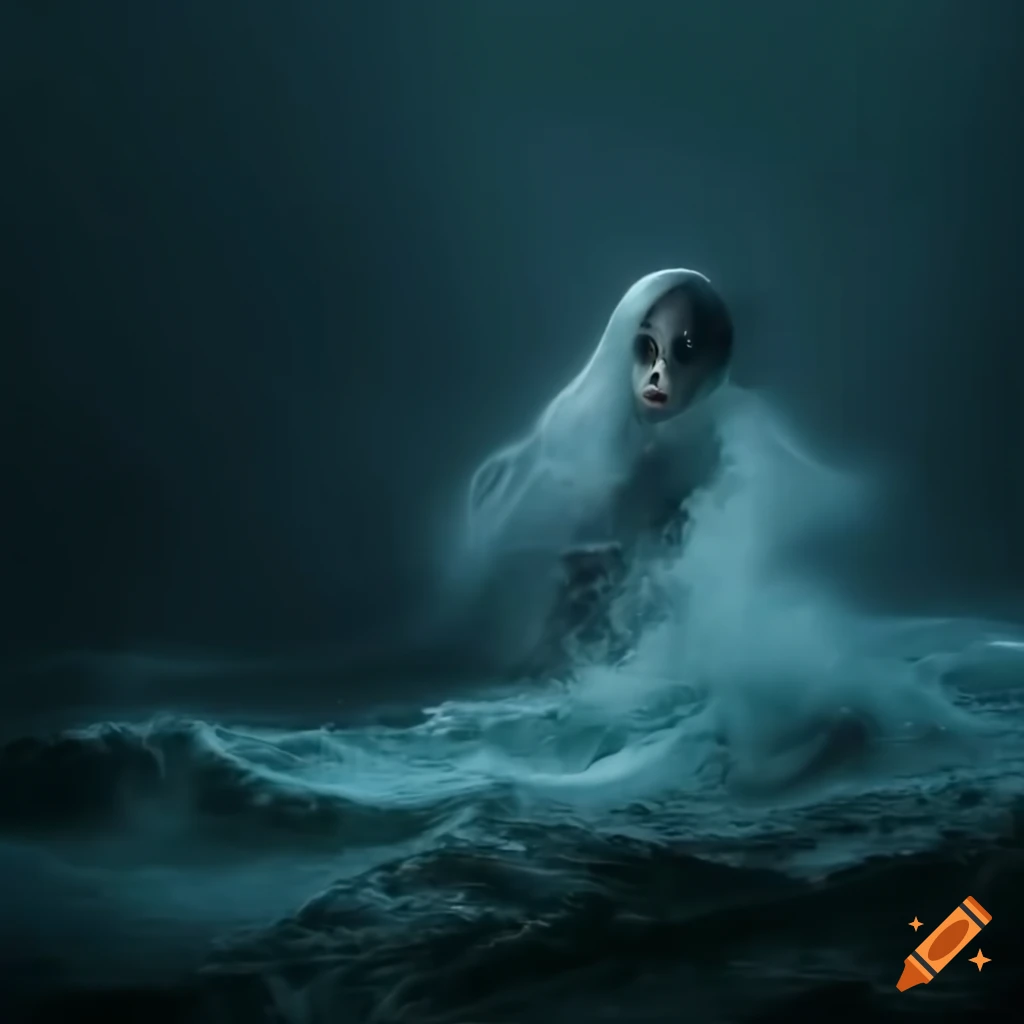 Photorealistic image of a ghostly female specter emerging from a stormy ...