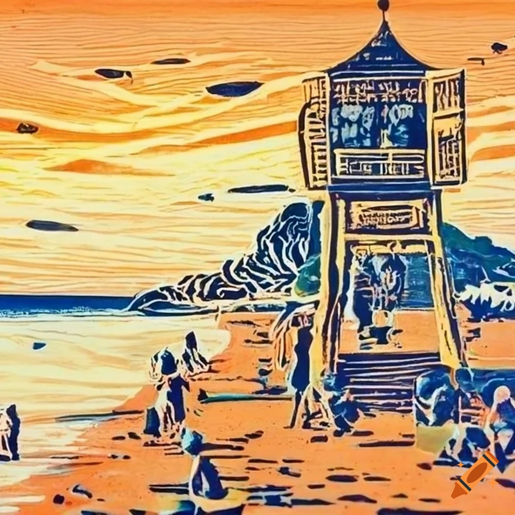 Lino print of people on the beach
