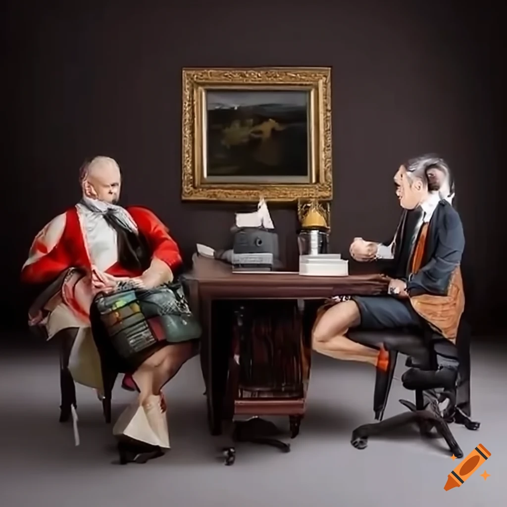 Humorous scene with a marine and a lawyer surrounded by art supplies on ...