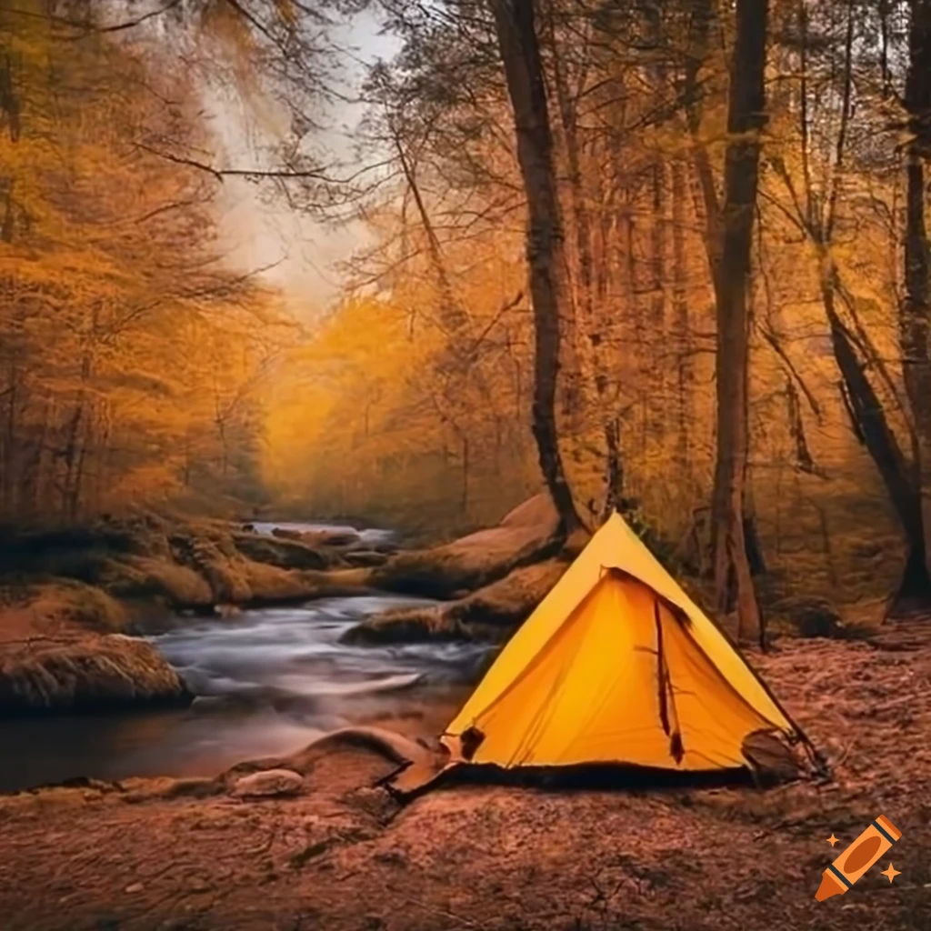 Autumn sunrise at a scout camp in the forest on Craiyon