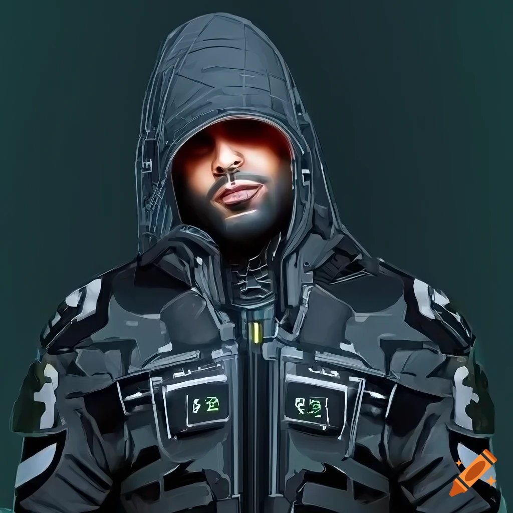 Black male spy in futuristic outfit with digital camouflage on Craiyon