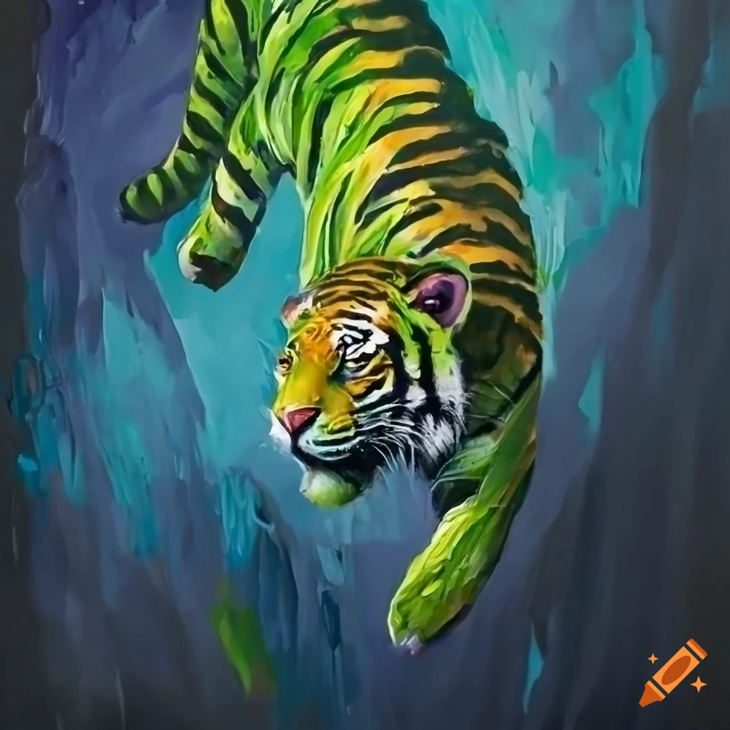 Knife palette painting of a falling green tiger on Craiyon