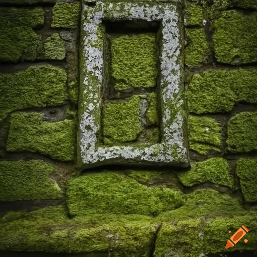 Close-up of a moss-covered ancient stone letter t