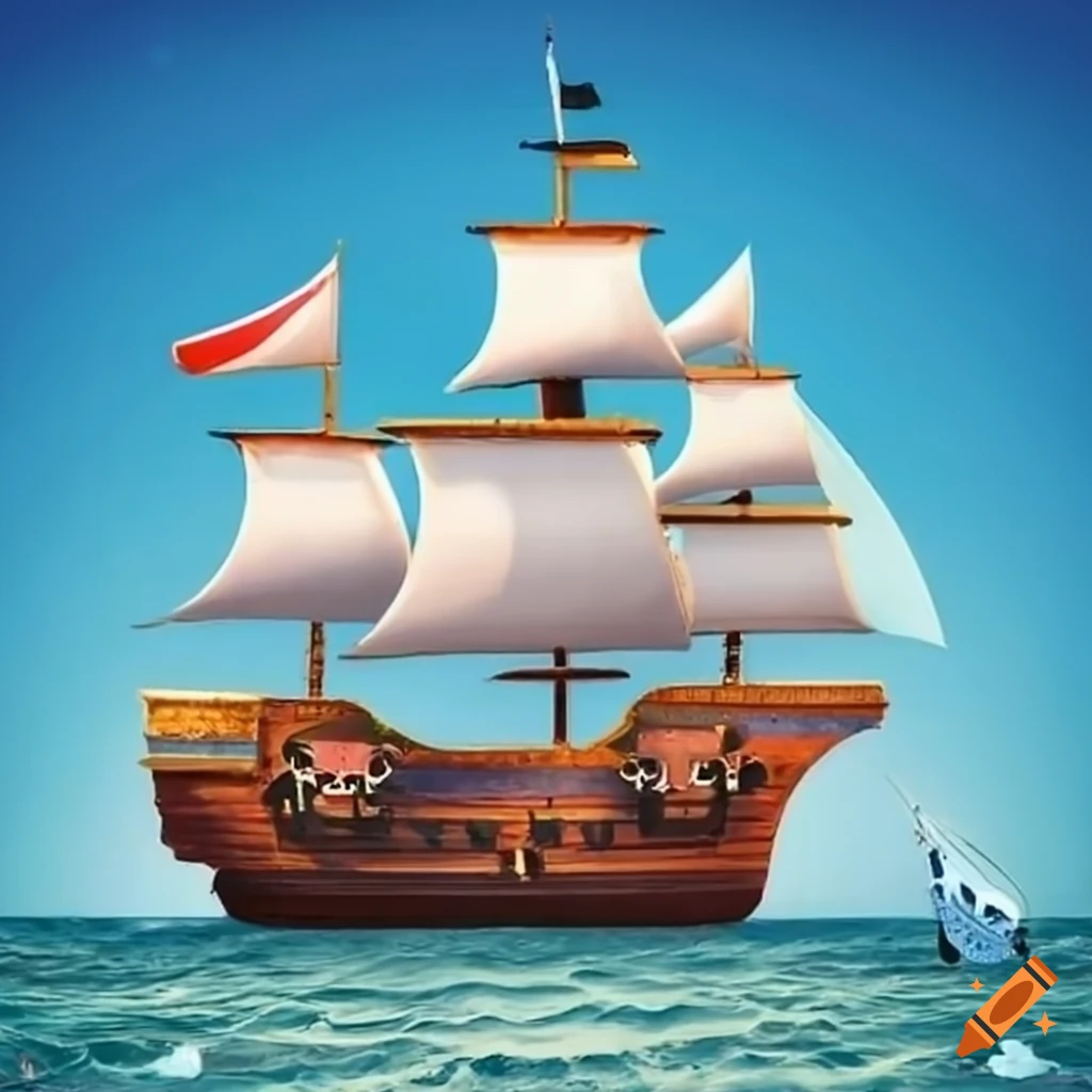 Profile of a sparkling pirate ship on a sunny beach on Craiyon