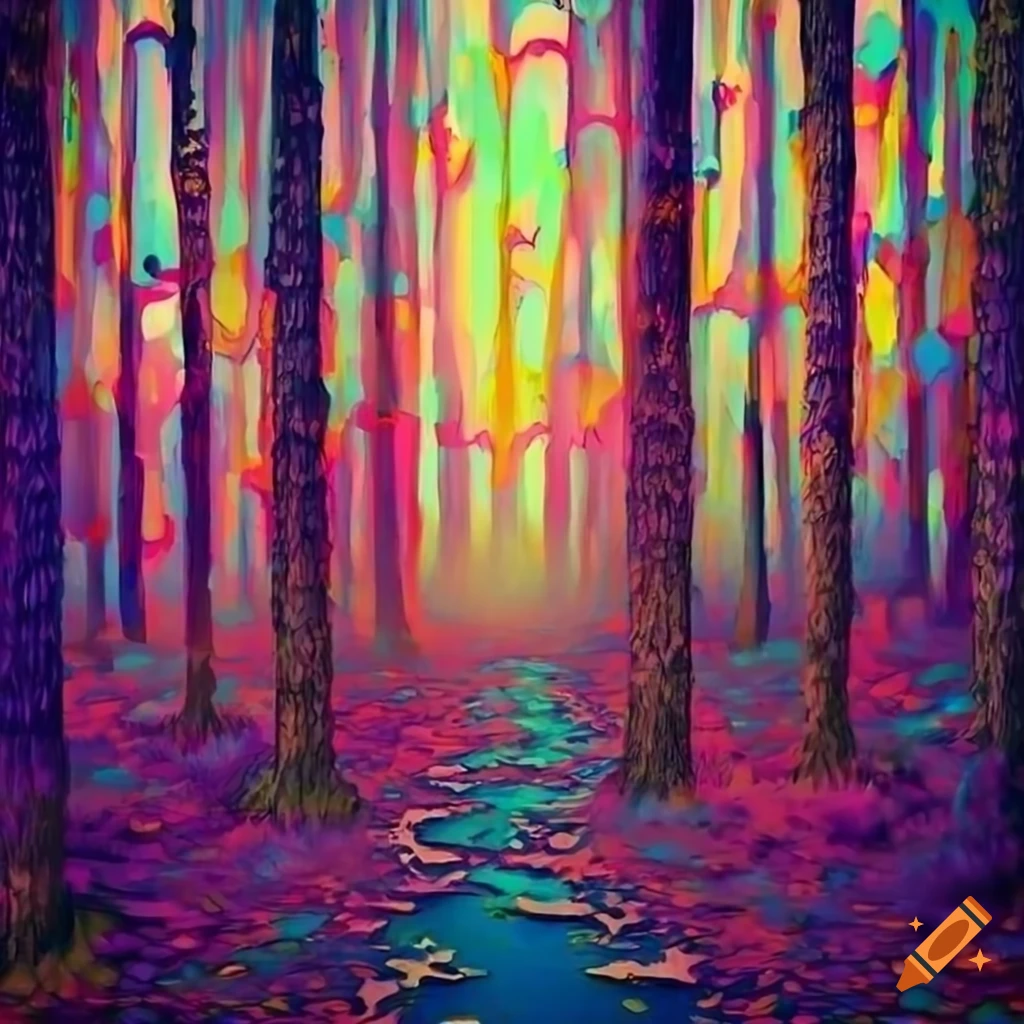 Psychedelic painting of a colorful forest on Craiyon