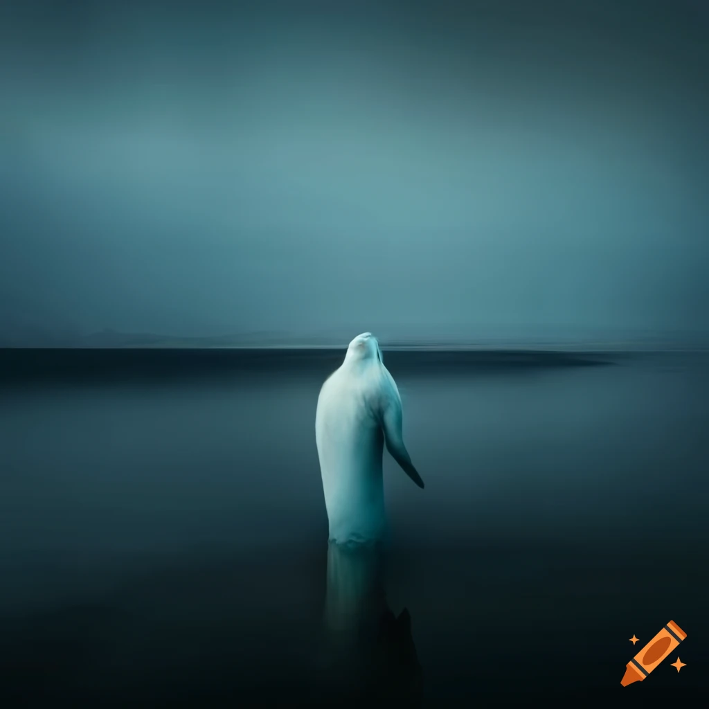 Ethereal image of humanoid whales on a desolate shore on Craiyon