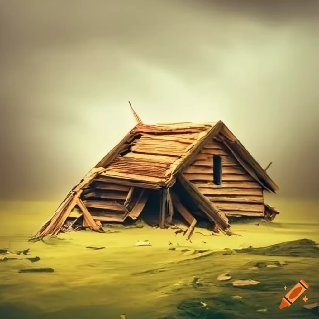 Photo of a collapsed timber cottage on a grassland on Craiyon