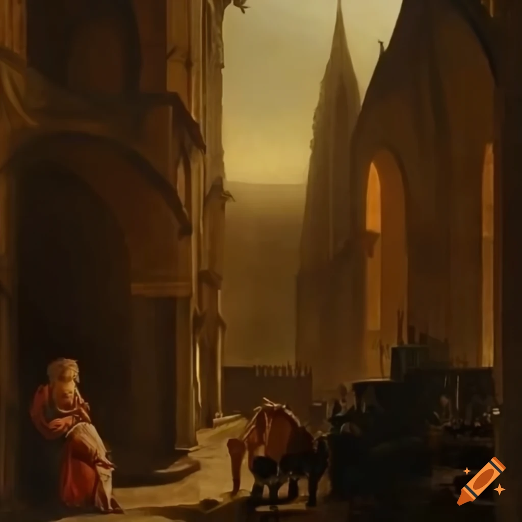 Renaissance painting of a church casting sunlight on a medieval city on ...