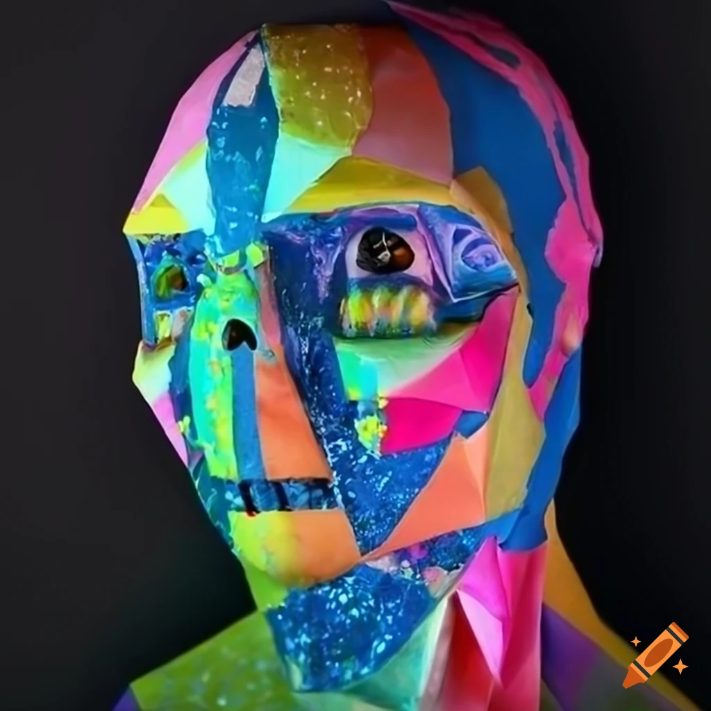 Photo-realistic sculpture with colorful origami figures