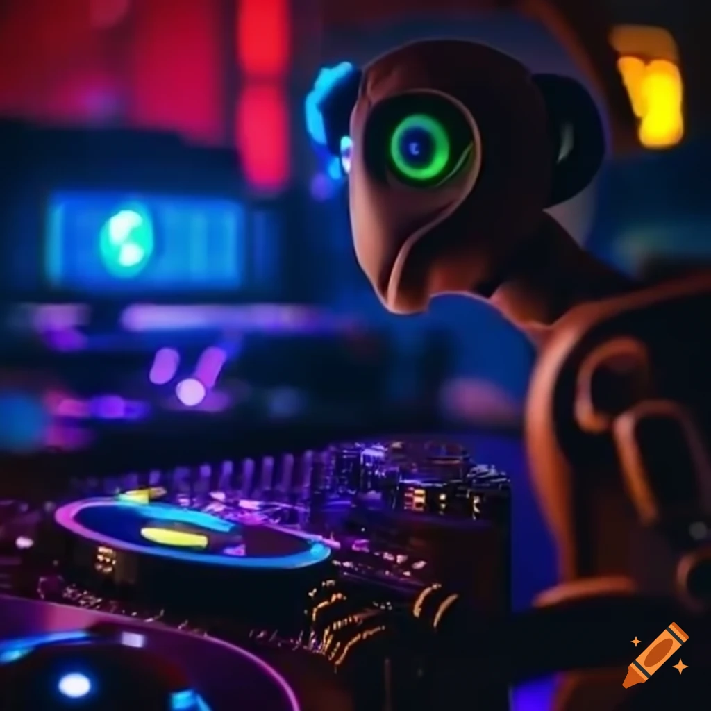 Monkey robot playing dj decks