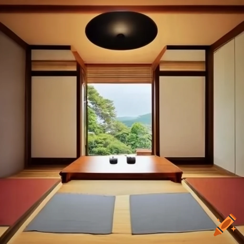 Japanese washitsu-style room with circular door and view on Craiyon