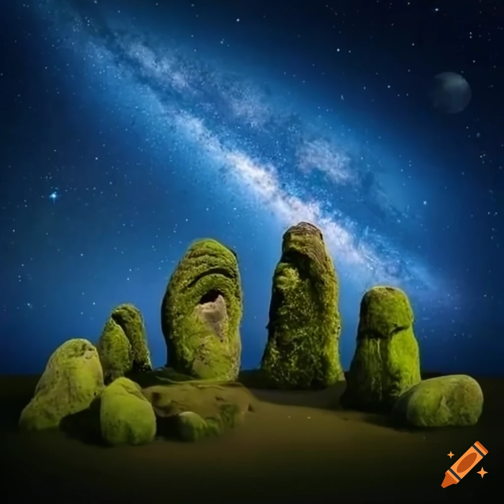Moss-covered stone statues with milky way in the sky