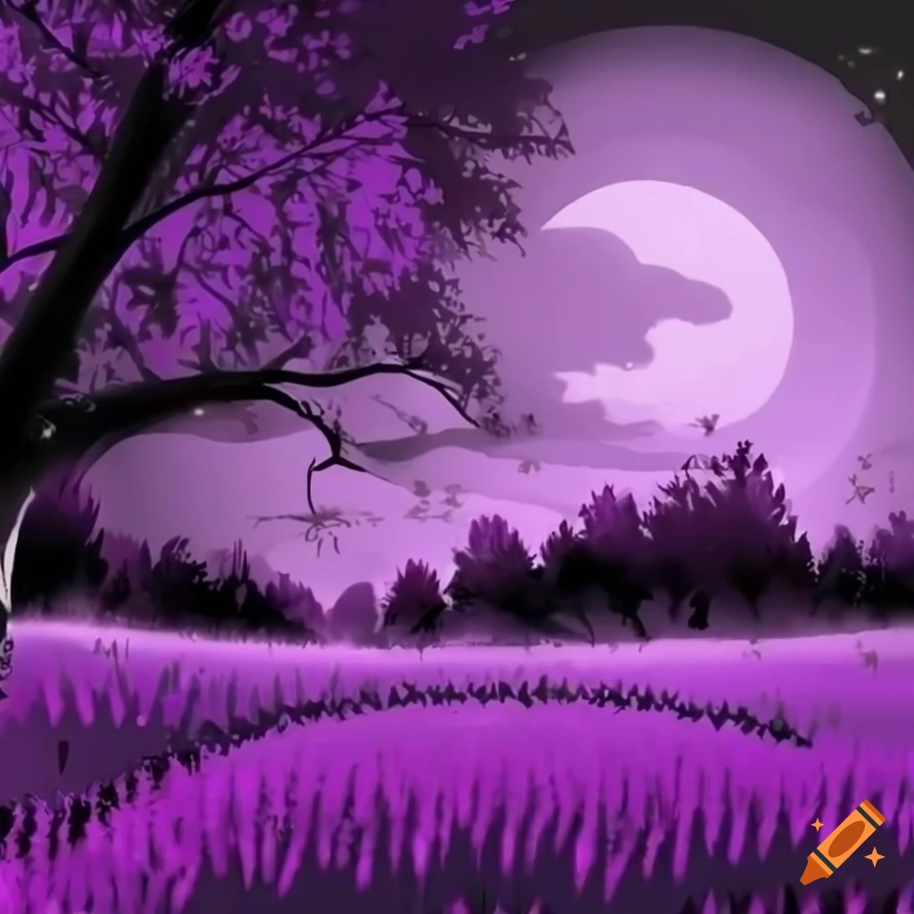Anime landscape with purple grass and trees on Craiyon