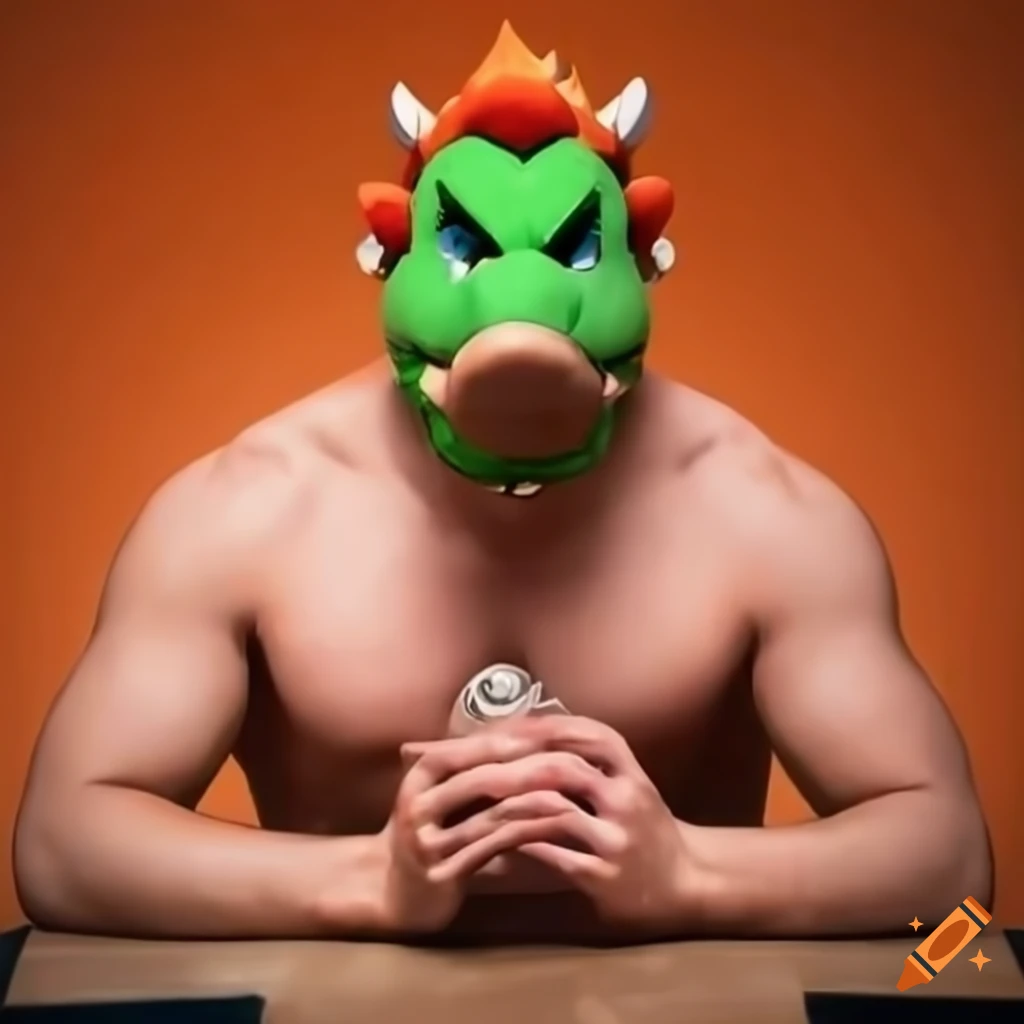 Man in bowser cosplay sitting with princess peach at a cafe on Craiyon