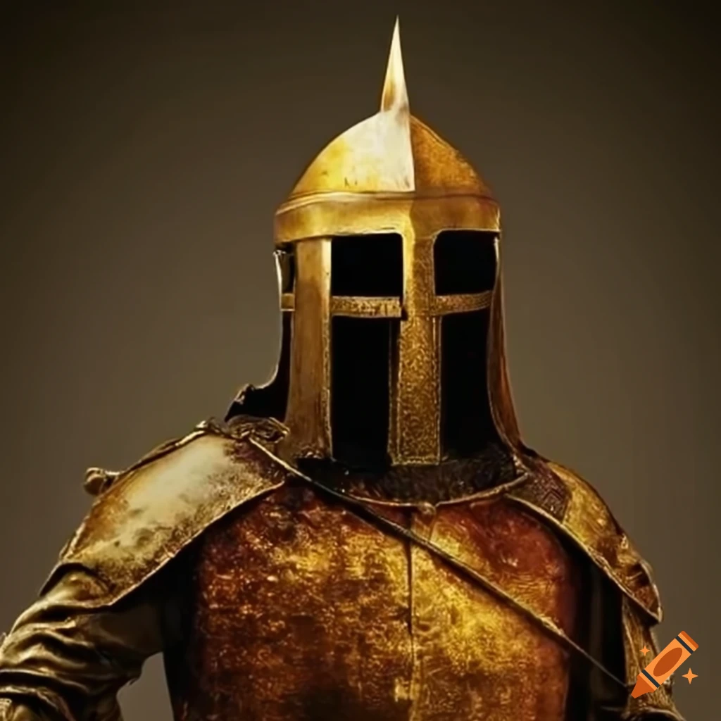 Medieval soldier in bronze scale armor and norman helmet in realistic ...