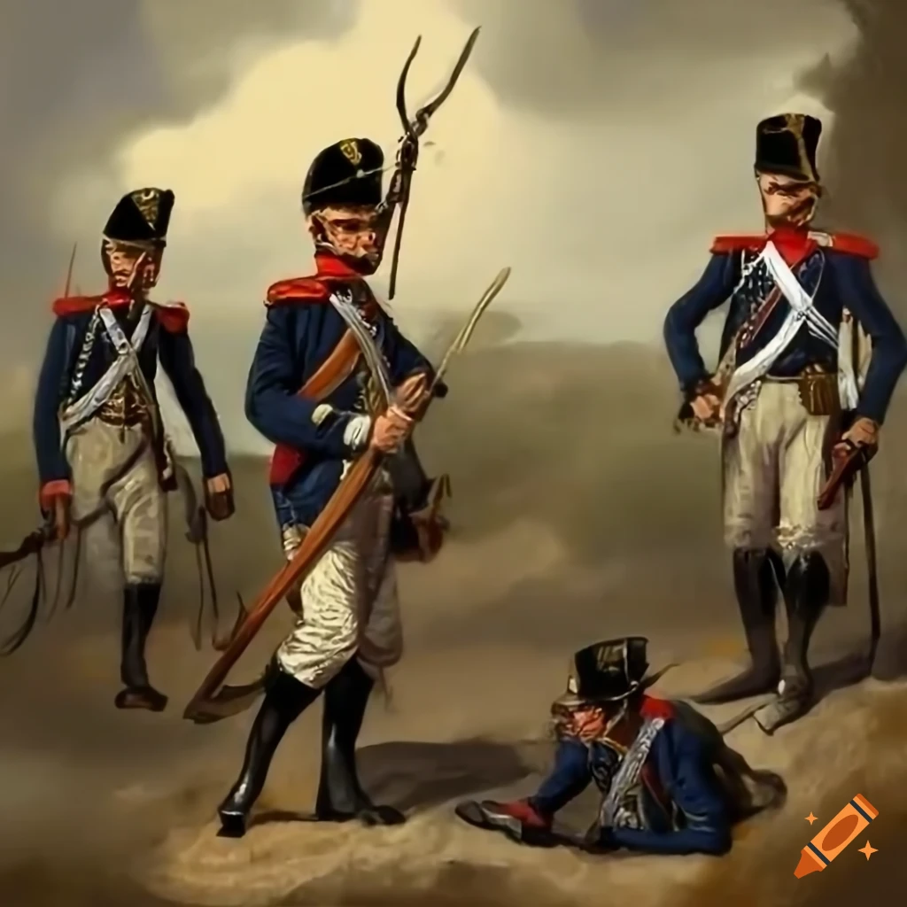 Painting of Napoleonic-era French and British soldiers in a skirmish on ...