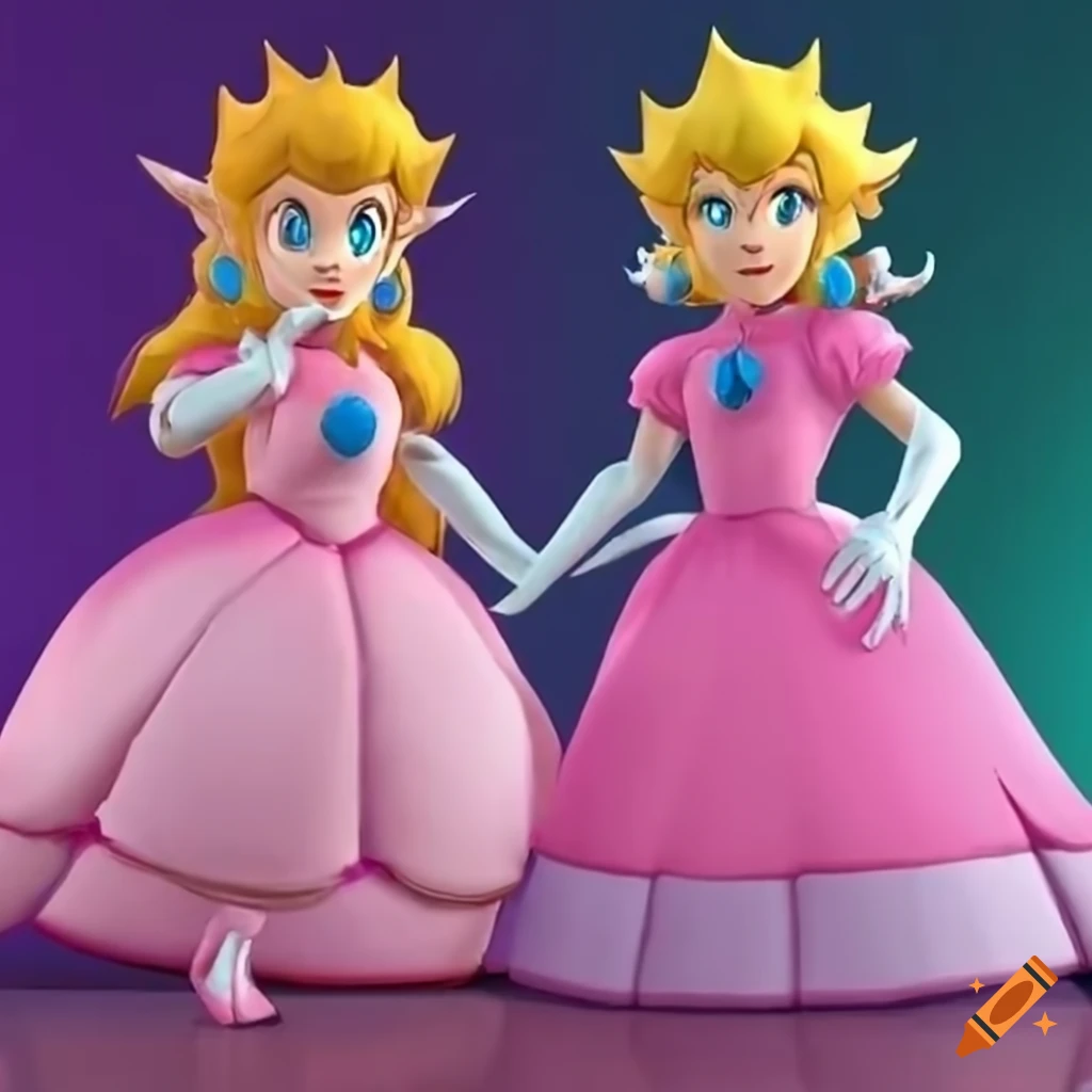 Princess peach and link posing in pink silk ballgowns on Craiyon