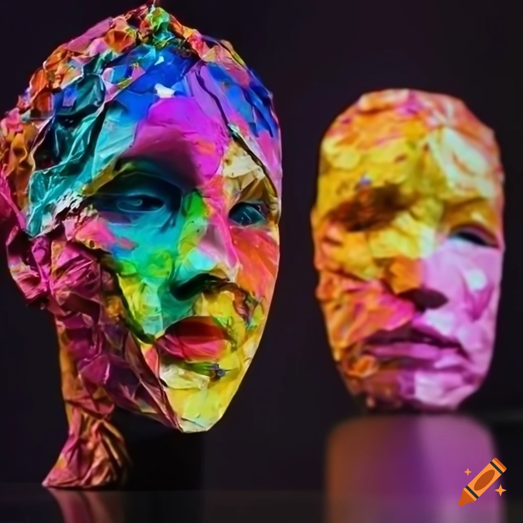 Sculpture of colorful origami figures with intricate details