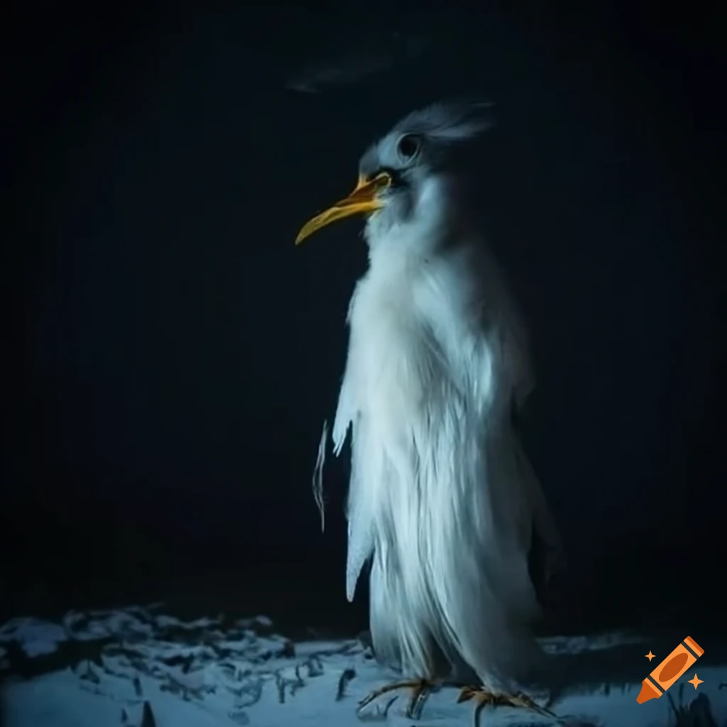 Human head with bird wings on a tree branch at night, they are singing ...