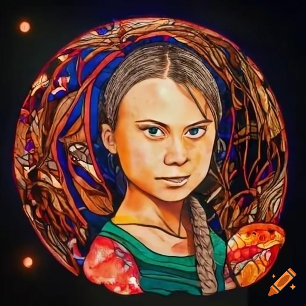 Stained glass of greta thunberg swimming with koi on Craiyon