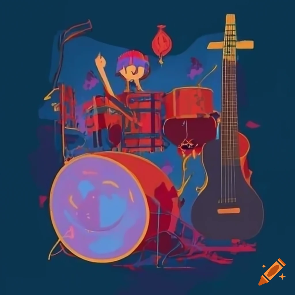 Chicken band playing rock music in abstract cubic art 70s poster on Craiyon