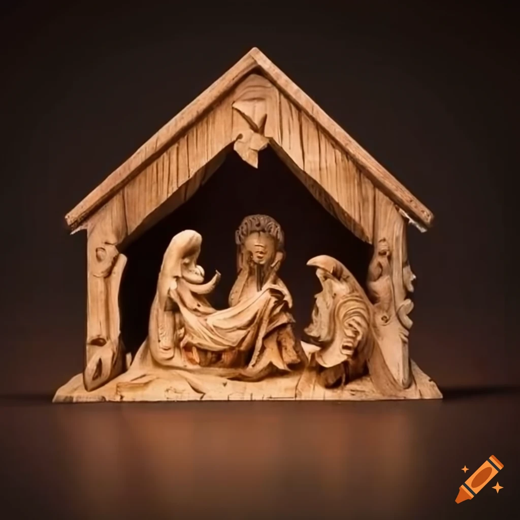 Intricate wood carving of a manger scene on Craiyon