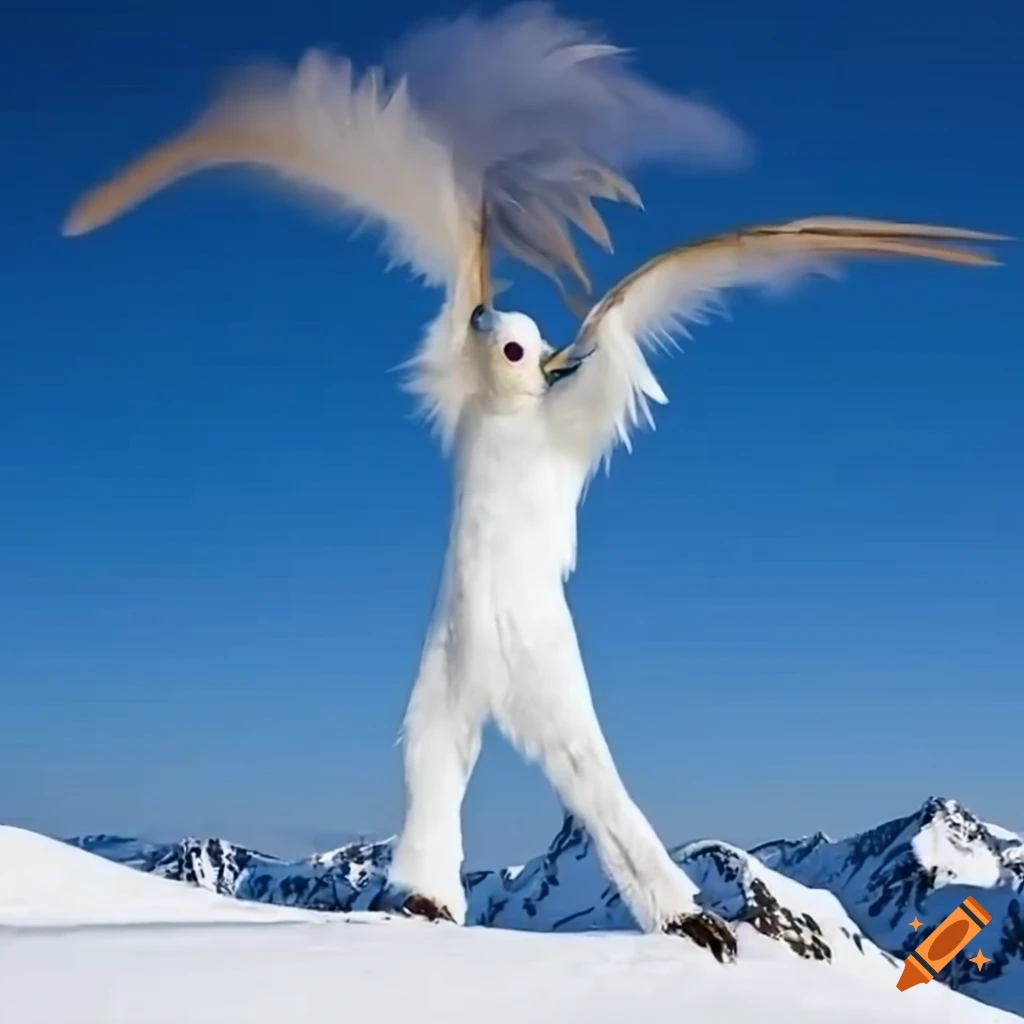 White bird man in snowy mountains on Craiyon