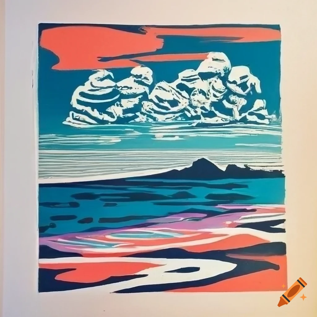 Lino print of people on the beach on Craiyon