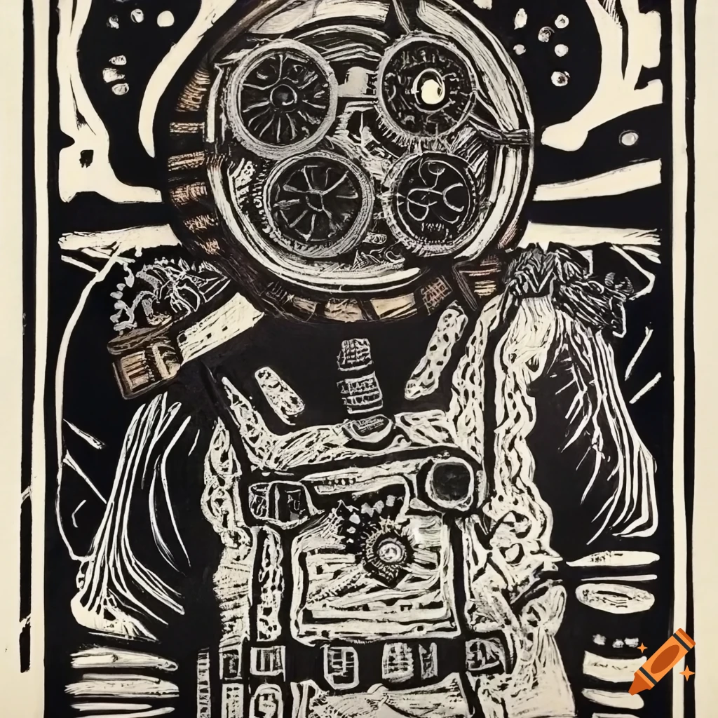 Steampunk lino print artwork on Craiyon