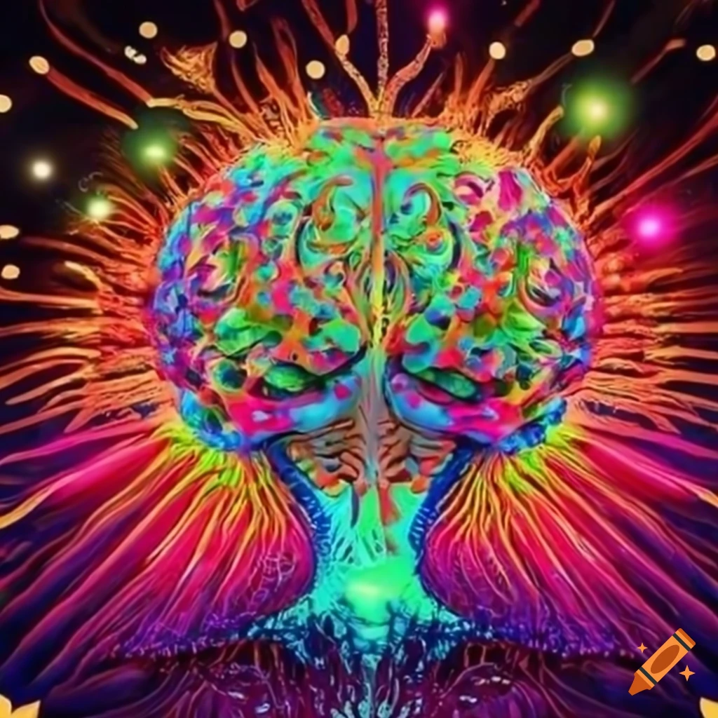 Artistic depiction of a brain-shaped tree with colorful crayons and ...