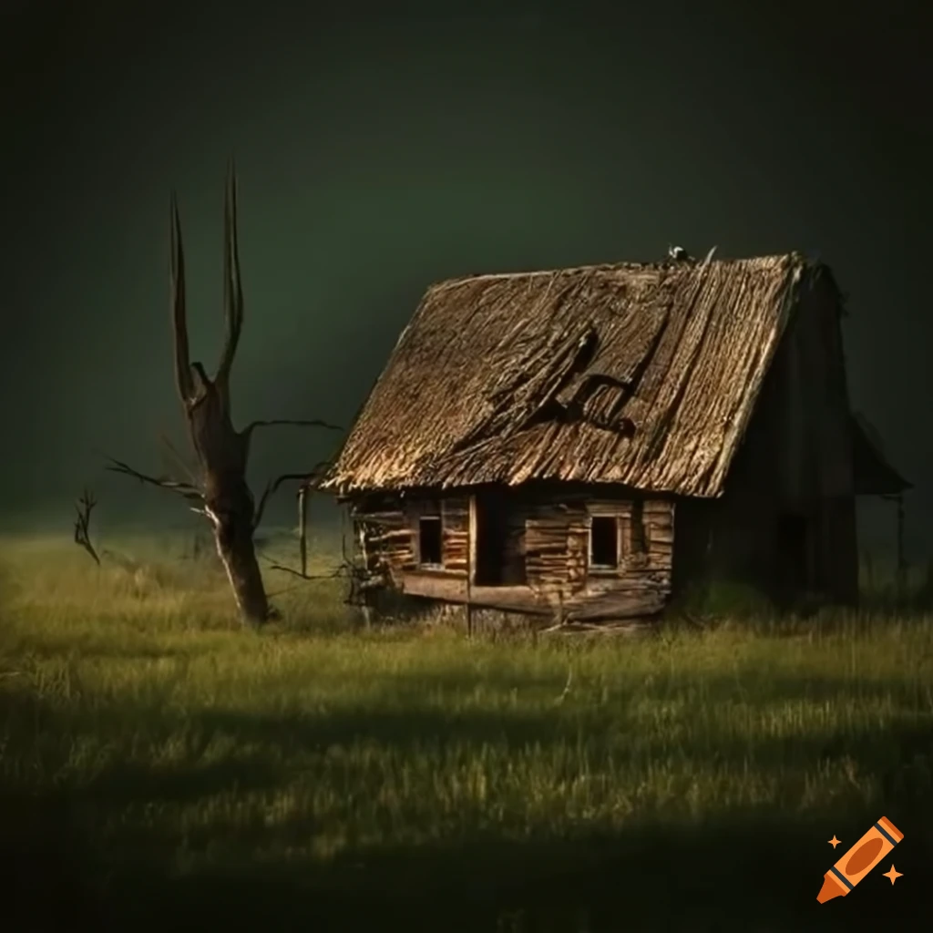 Picture of a ruined timber cottage in grassland on Craiyon