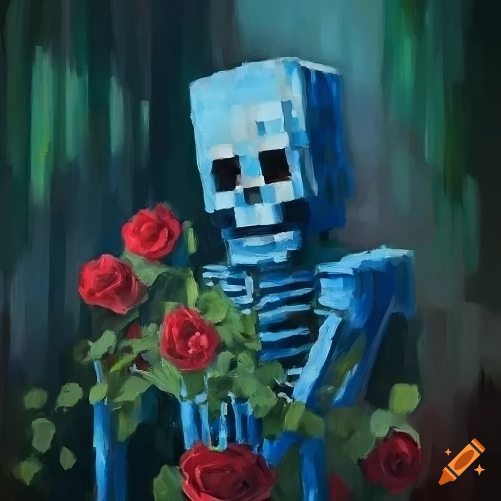 Oil painting of a blue minecraft skeleton in a flowery forest under a ...