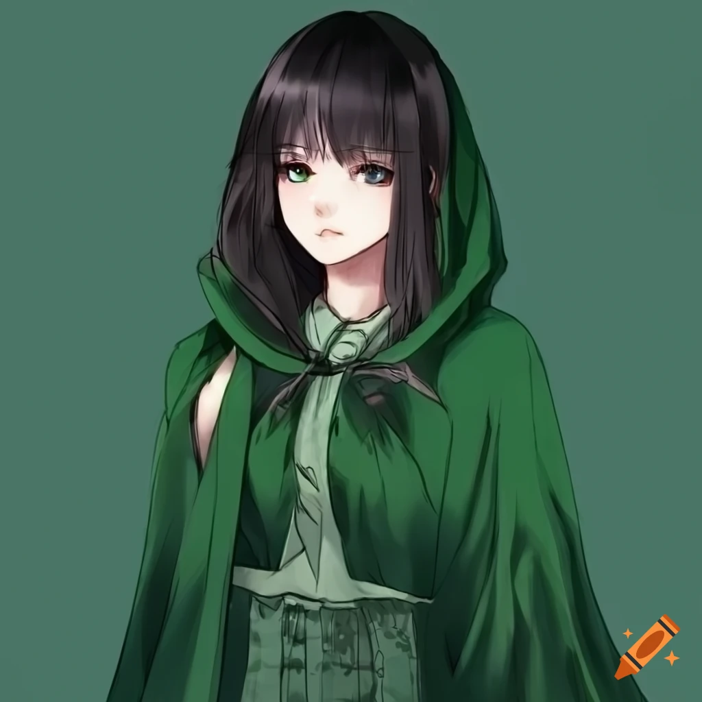 Portrait of a serious girl with long green cloak on Craiyon
