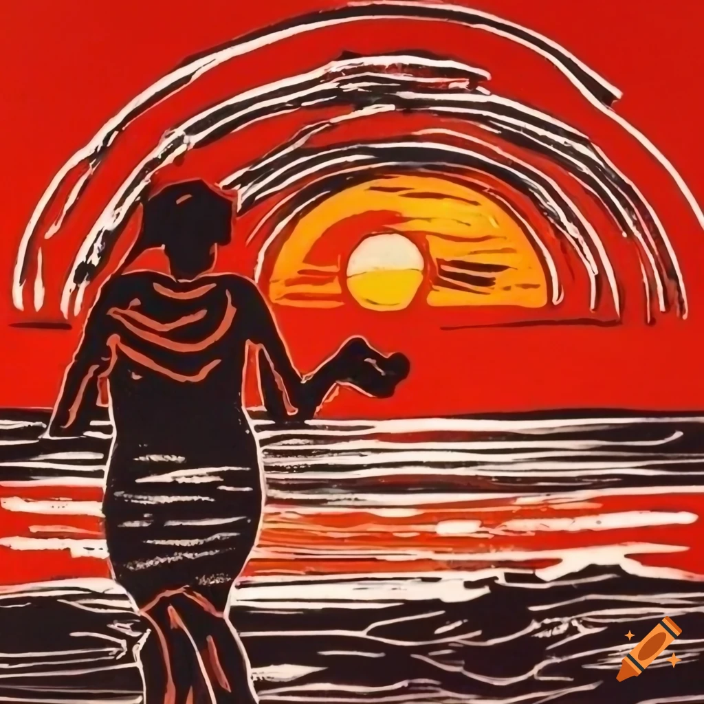 Lino print of a beach sunset on Craiyon