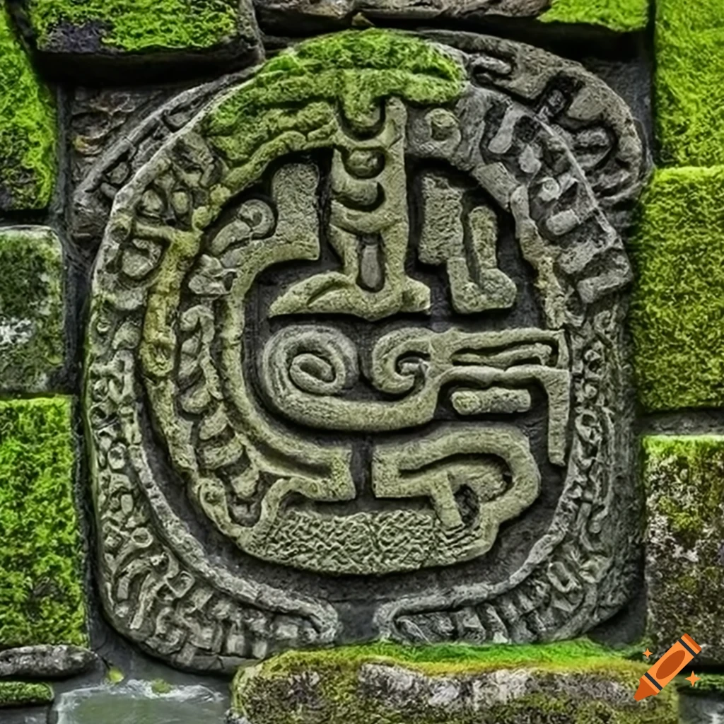 Mayan-style labyrinth engraved on a moss-covered stone slab on Craiyon