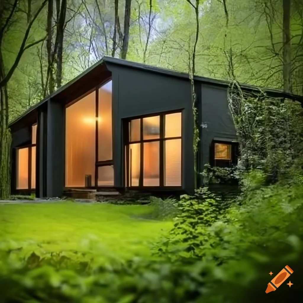 Realistic photo of a modern cottage in a spring forest on Craiyon