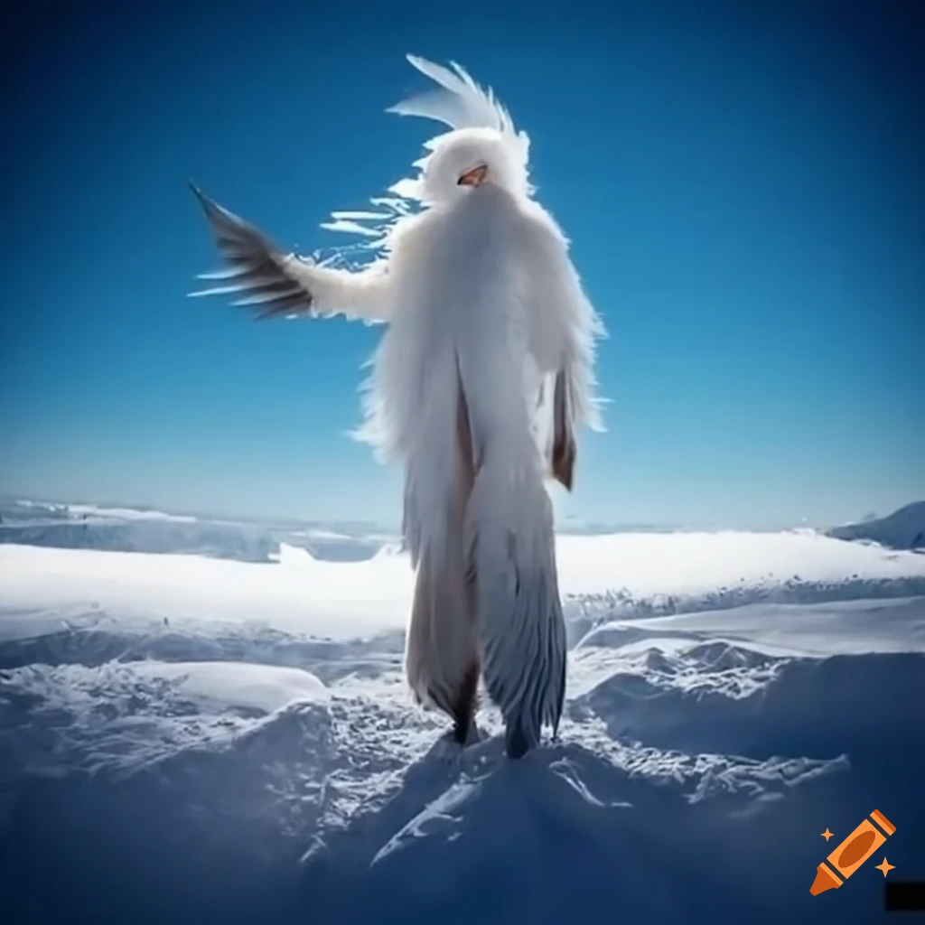 Bird man with feathers in snowy mountains on Craiyon