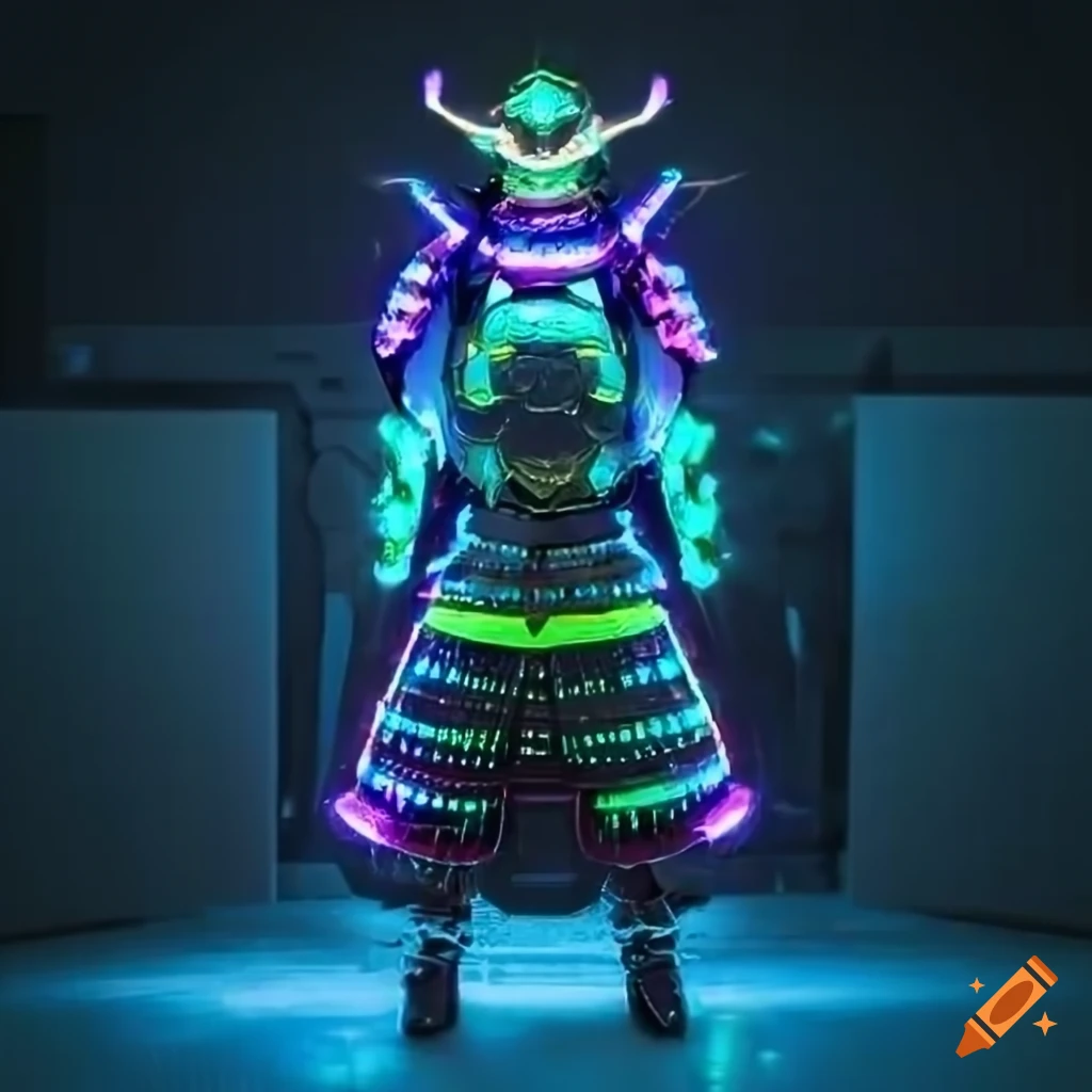 Neon-lit futuristic samurai armor on Craiyon