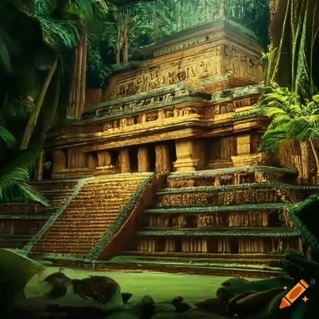 Golden aztec temple in a tropical forest on Craiyon