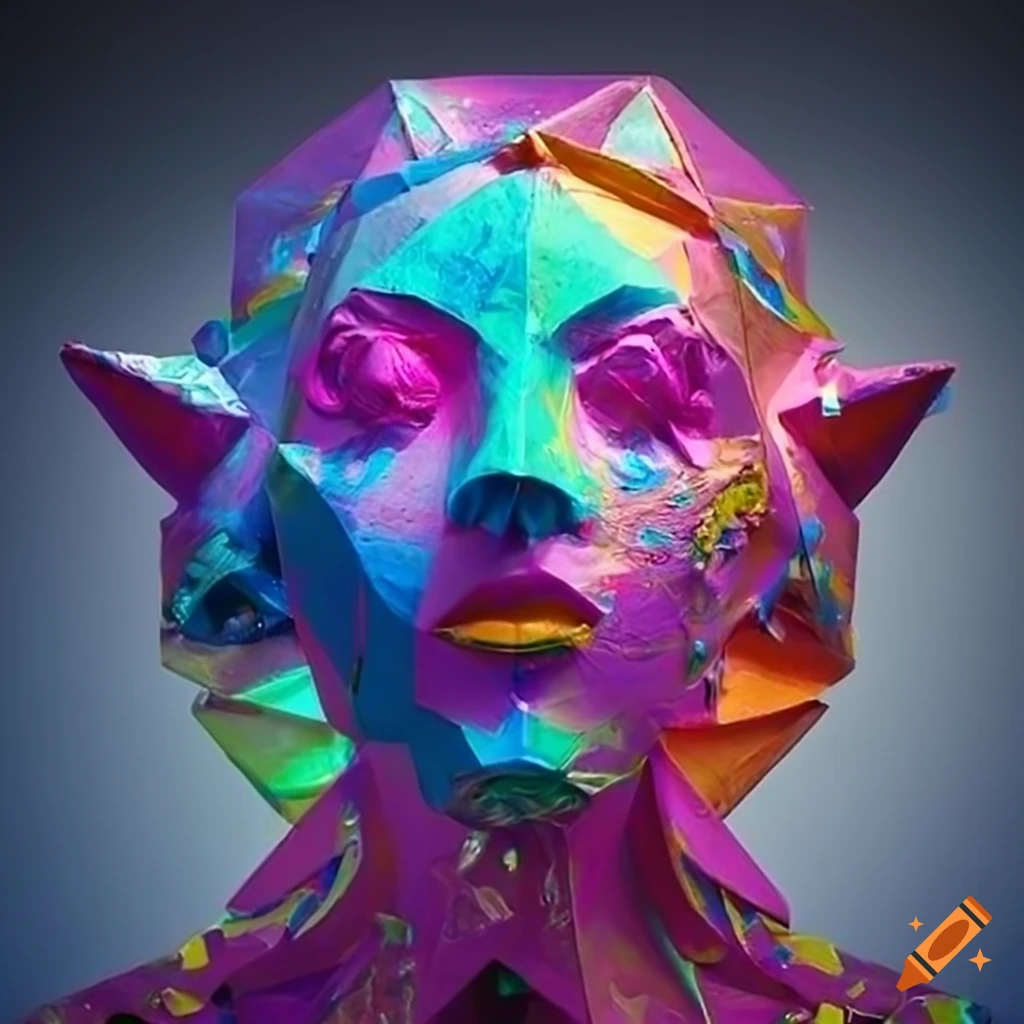 Sculpture art with origami figures made of colored recycled paper