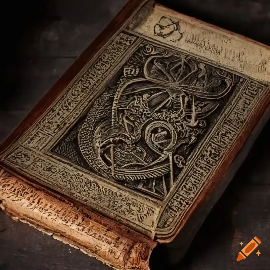 Ancient book with intricate engravings and symbols on Craiyon