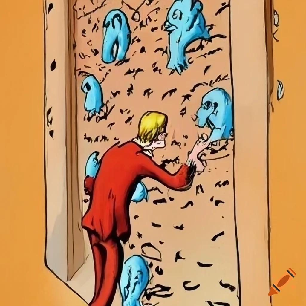 Colorful humorous book illustration of a man facing a wall on Craiyon
