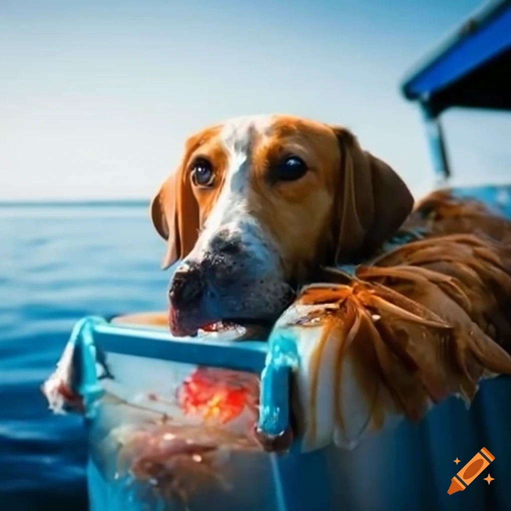 Dog eating fish from a cooler on a boat