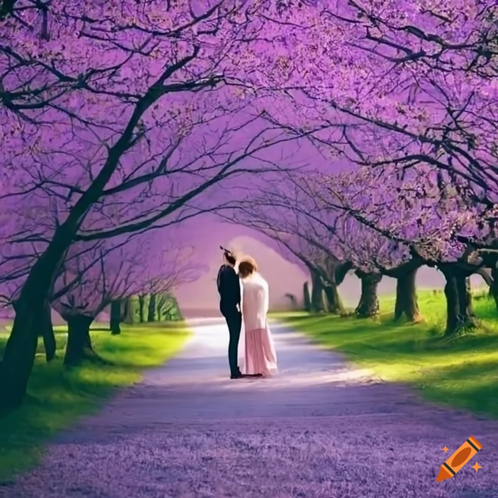 Couple walking on a path surrounded by blooming trees on Craiyon