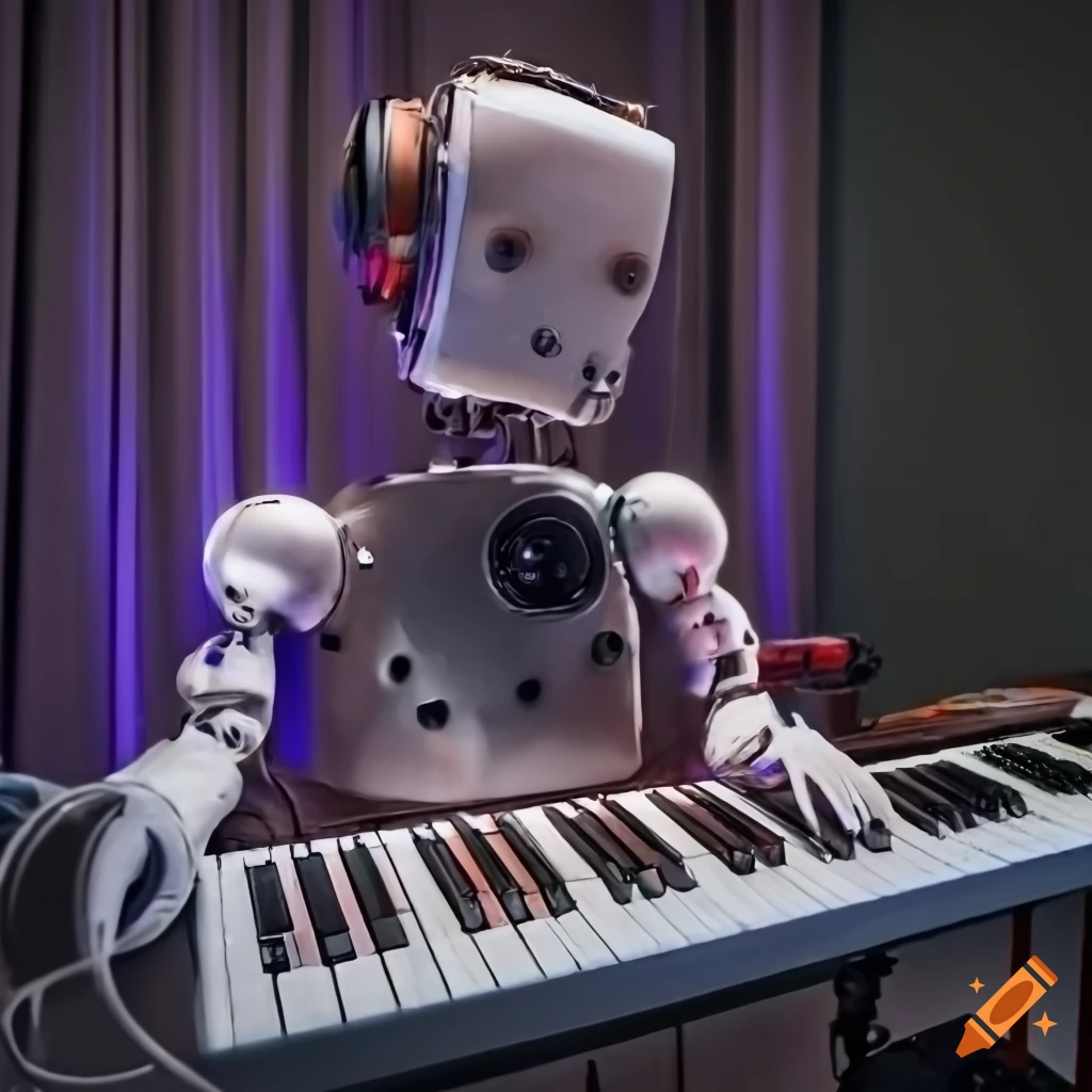 Artistic representation of a broken robot playing synth on Craiyon